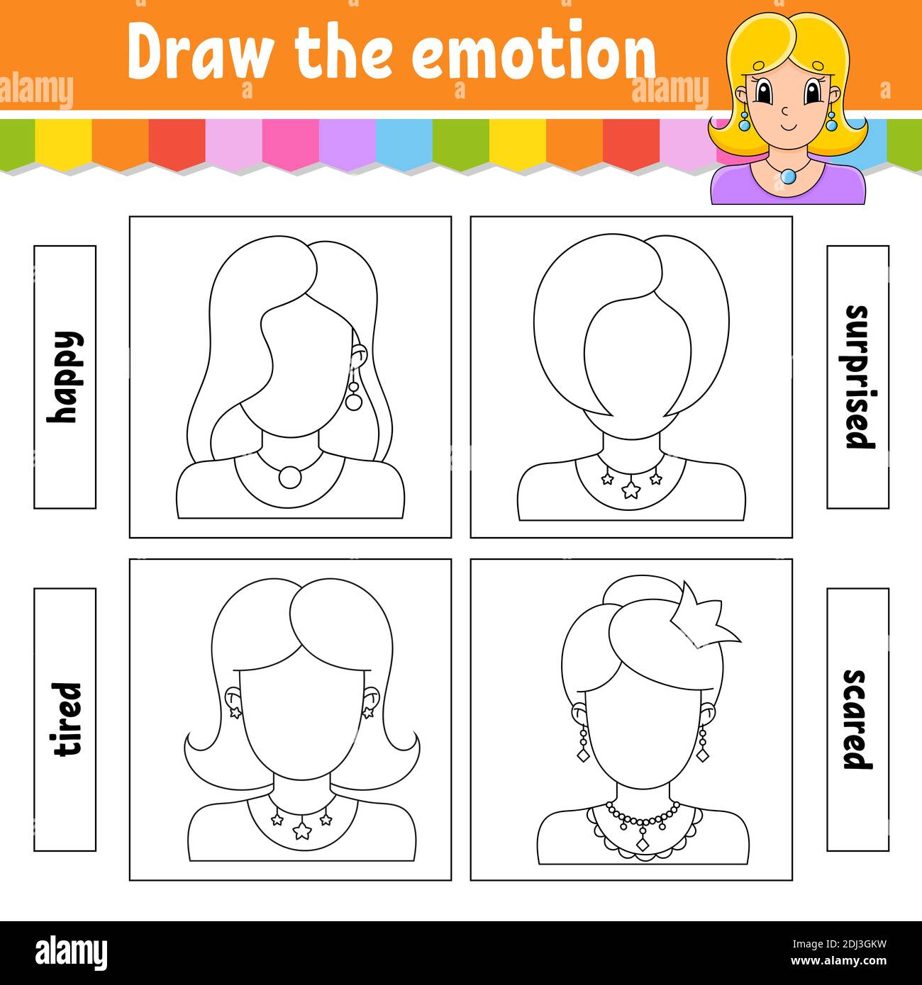 Draw the emotion. Worksheet complete the face. Coloring book for kids ...