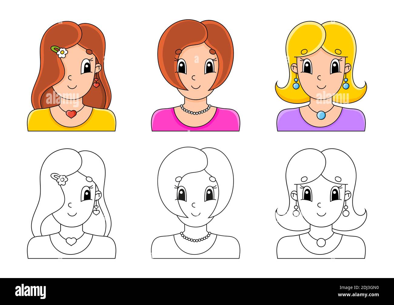 Set coloring page for kids. Cute cartoon characters. Black stroke. With ...