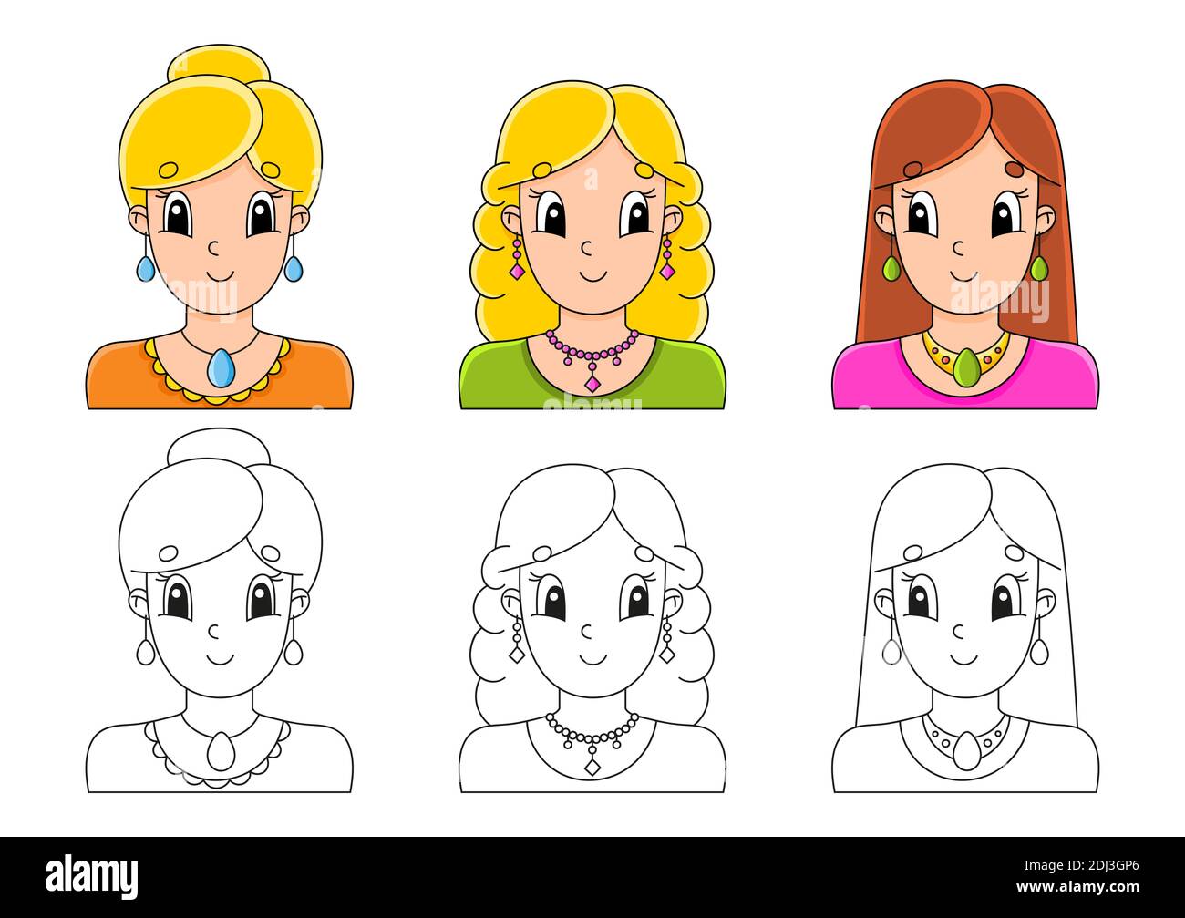 Set coloring page for kids. Cute cartoon characters. Black stroke. With ...