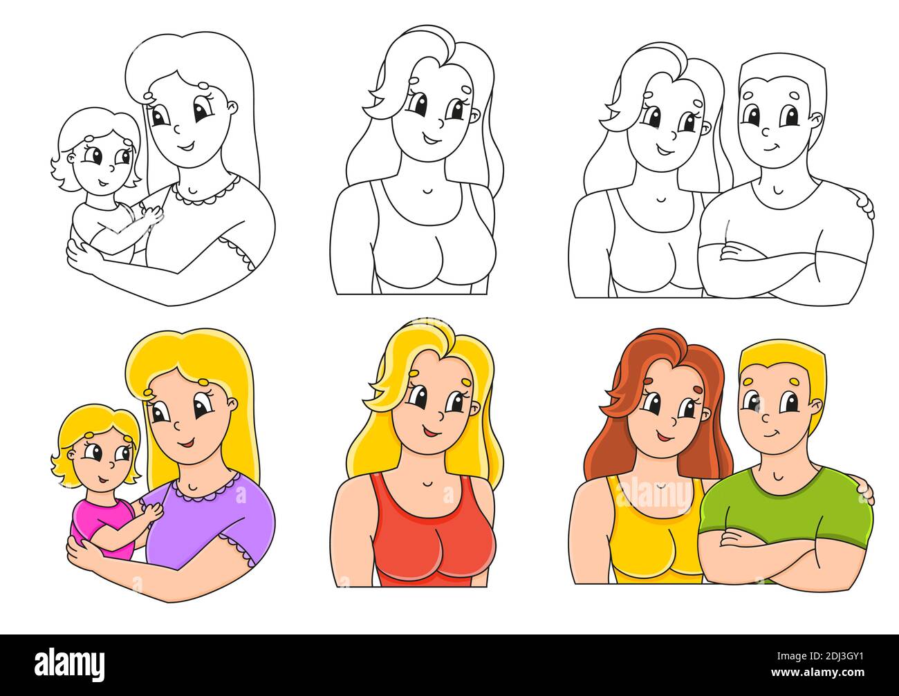 Set coloring page for kids. Happy people. Cute cartoon characters ...