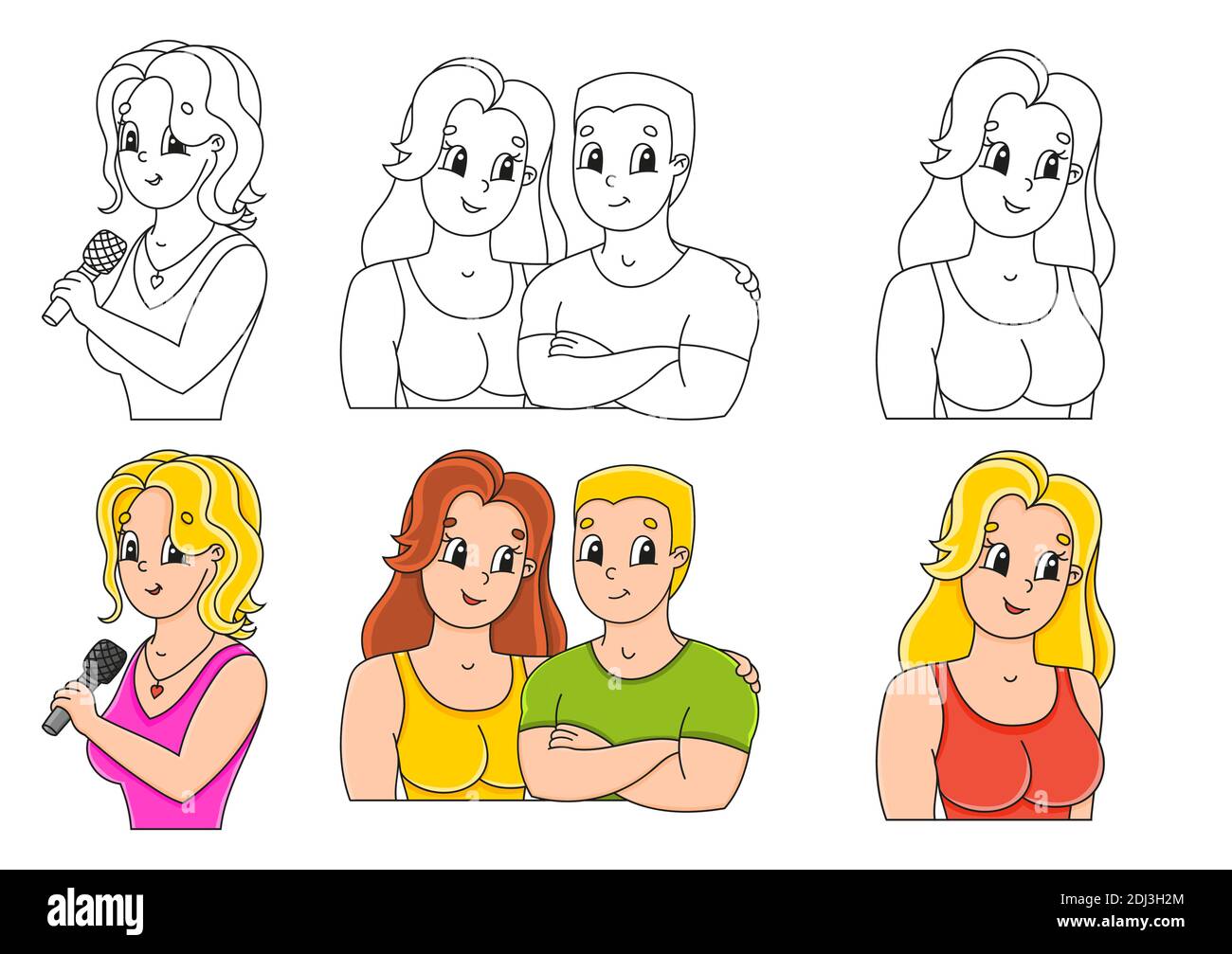 Set coloring page for kids. Happy people. Cute cartoon characters ...