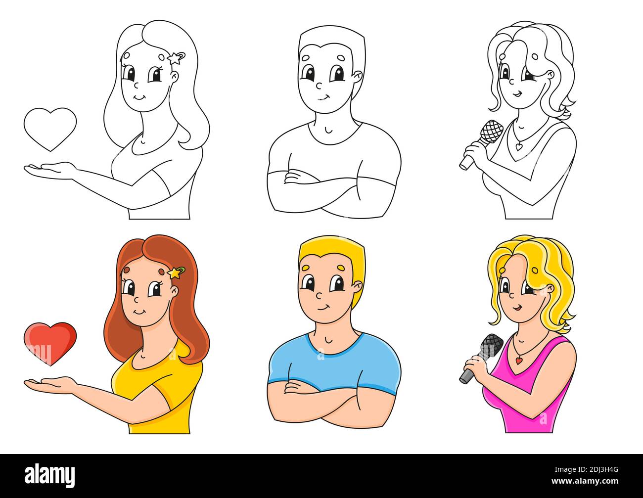 Set coloring page for kids. Happy people. Cute cartoon characters ...