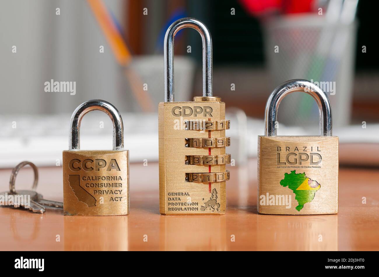 Data protection laws concept: three locks shows the names of three data ...