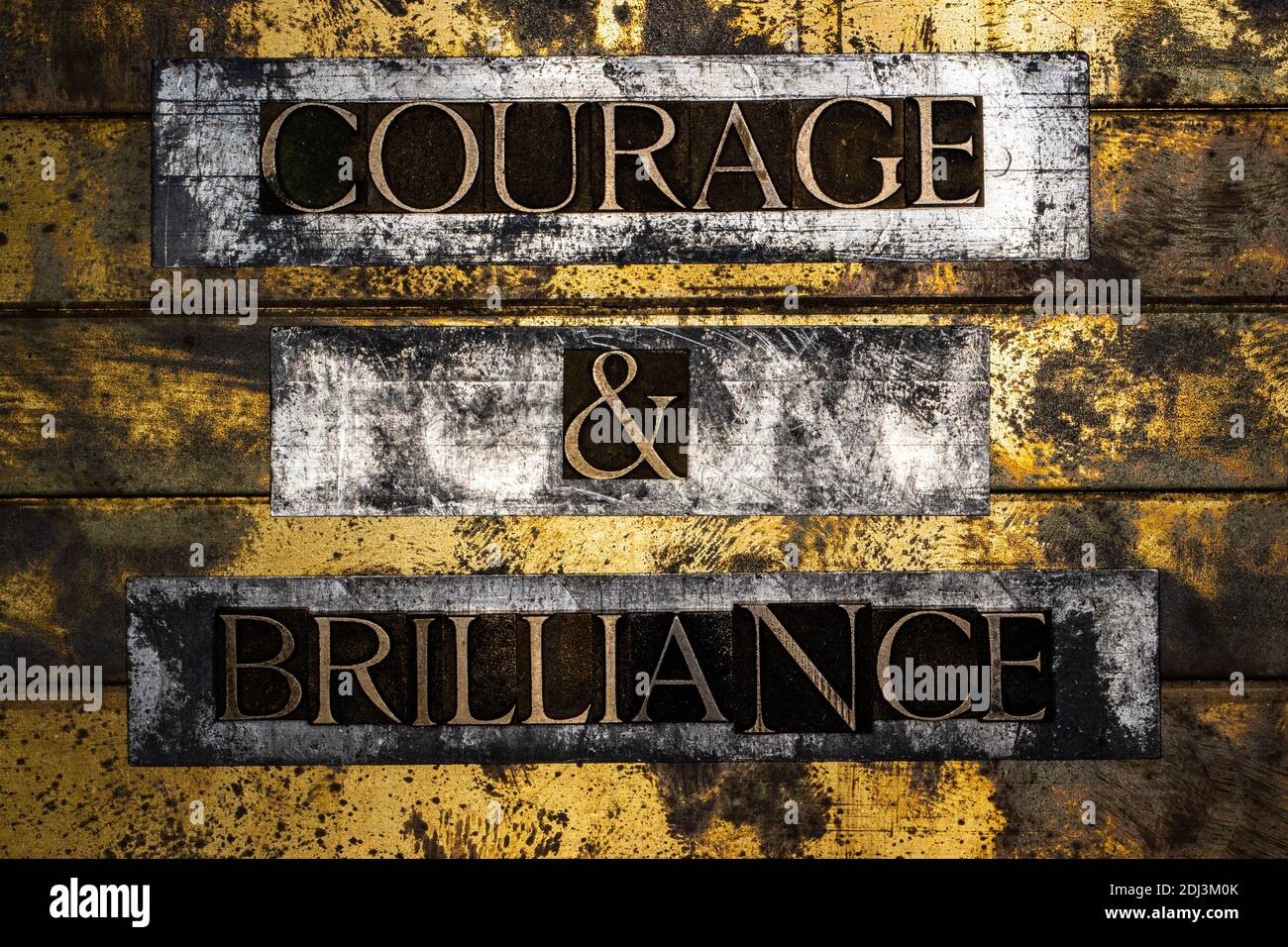 Courage & Brilliance text on vintage textured bronze grunge copper and ...