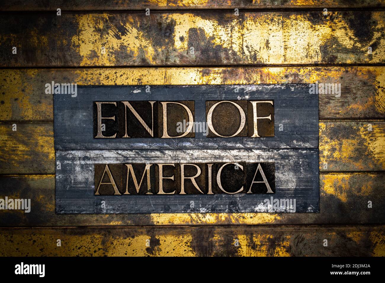 End of America text on vintage textured bronze grunge copper and gold ...