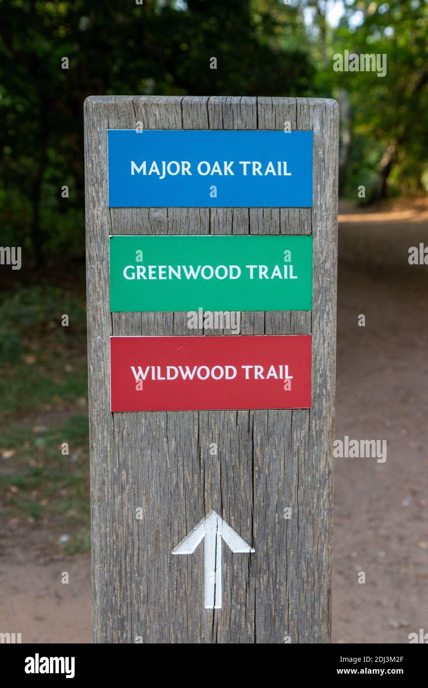 Tourist direction sign to the Major Oak, and various trails in Sherwood ...