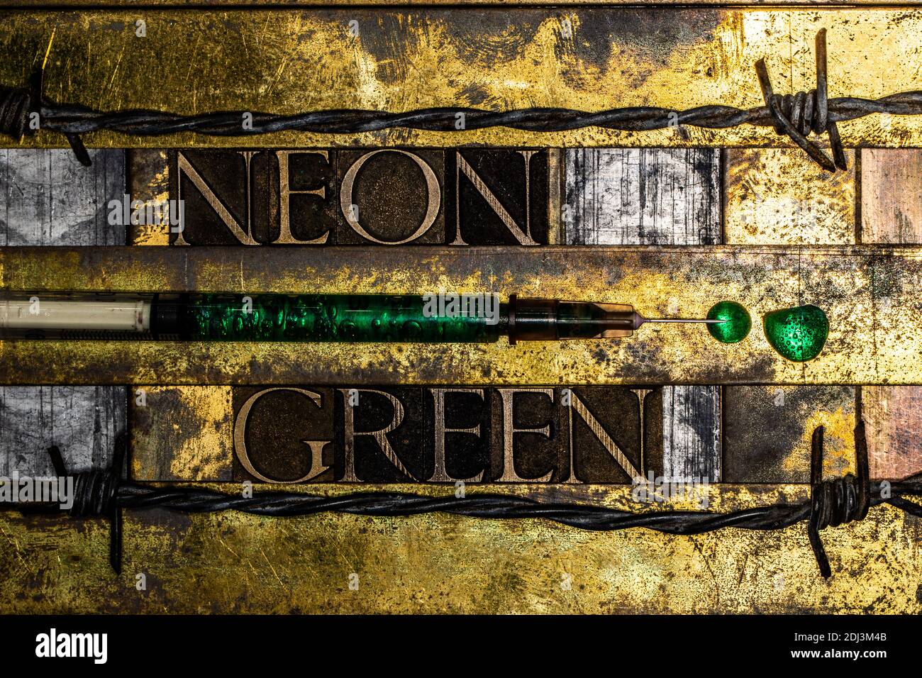 Neon Green text lining syringe filled with green fluid flanked by ...