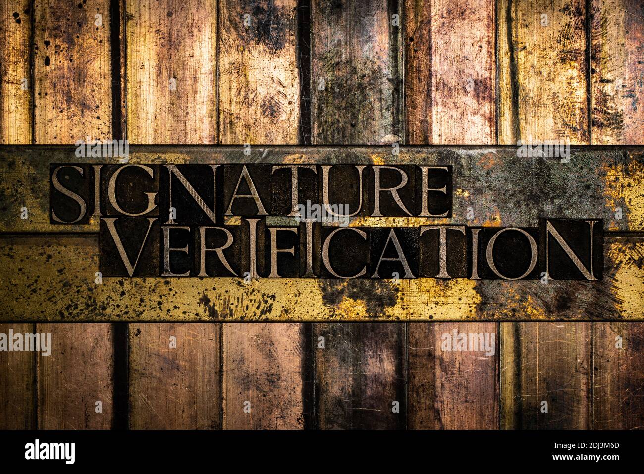 Signature Verification text on vintage textured bronze grunge copper ...