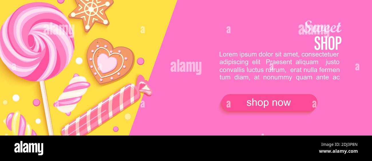 Sweet shop horizontal banner with sweets, cookies Stock Vector Image ...