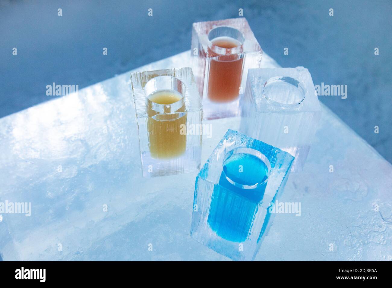 Colorful drinks served in icy glass in the famous ice bar inside the ...