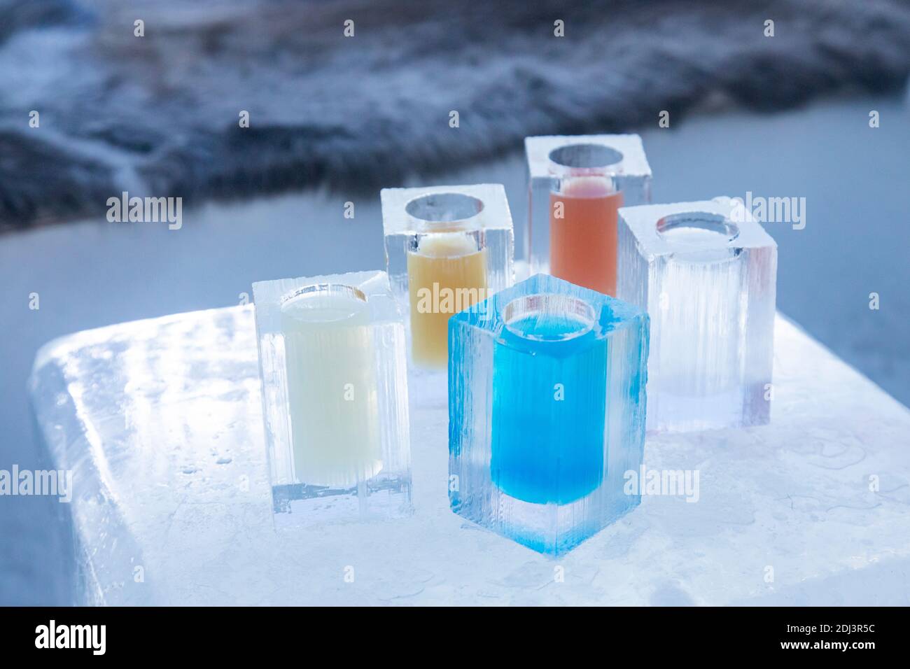 Colorful drinks served in icy glass in the famous ice bar inside the ...