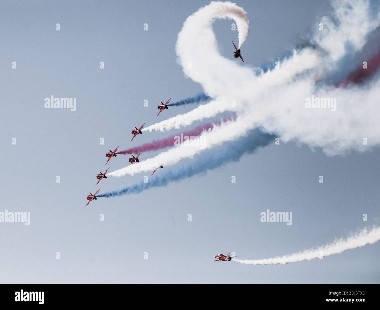 Red Arrows air display team in formation on Jersey Stock Photo - Alamy