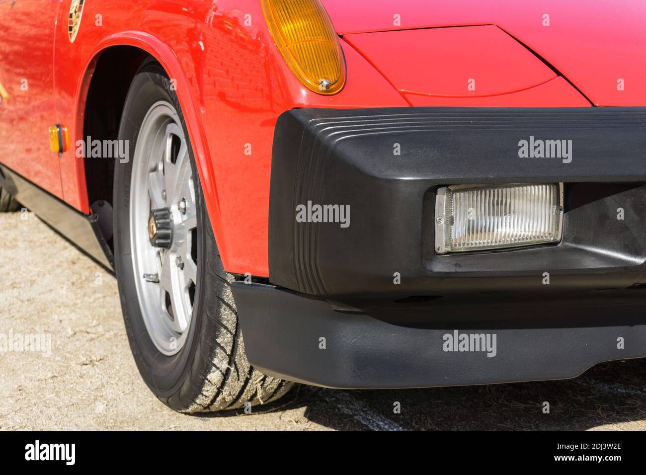 Front view of the side of a red Porsche 914 1970s sports car showing ...
