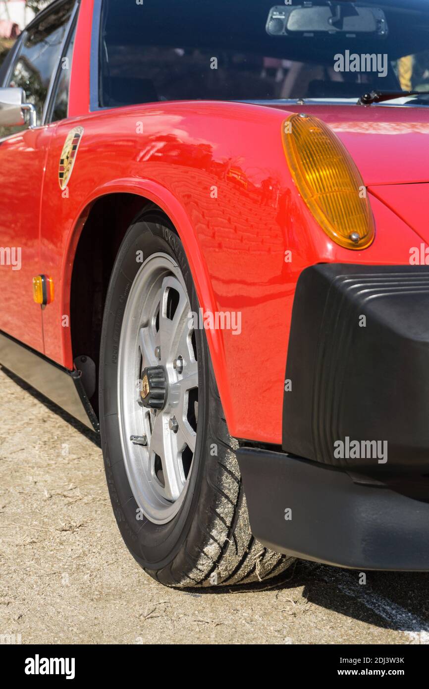 Front view of the side of a red Porsche 914 1970s sports car showing ...