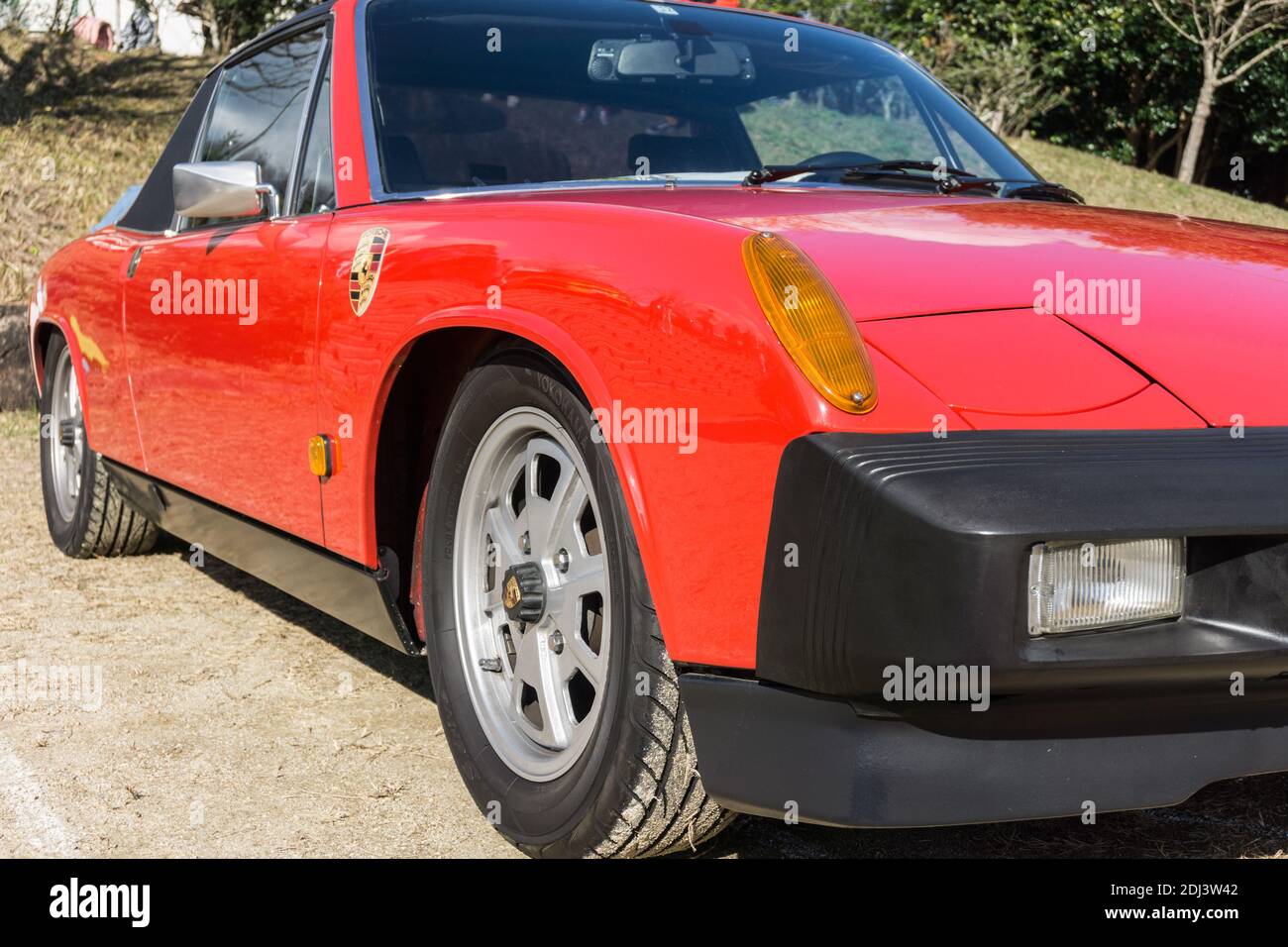 Front view of the side of a red Porsche 914 1970s sports car showing ...