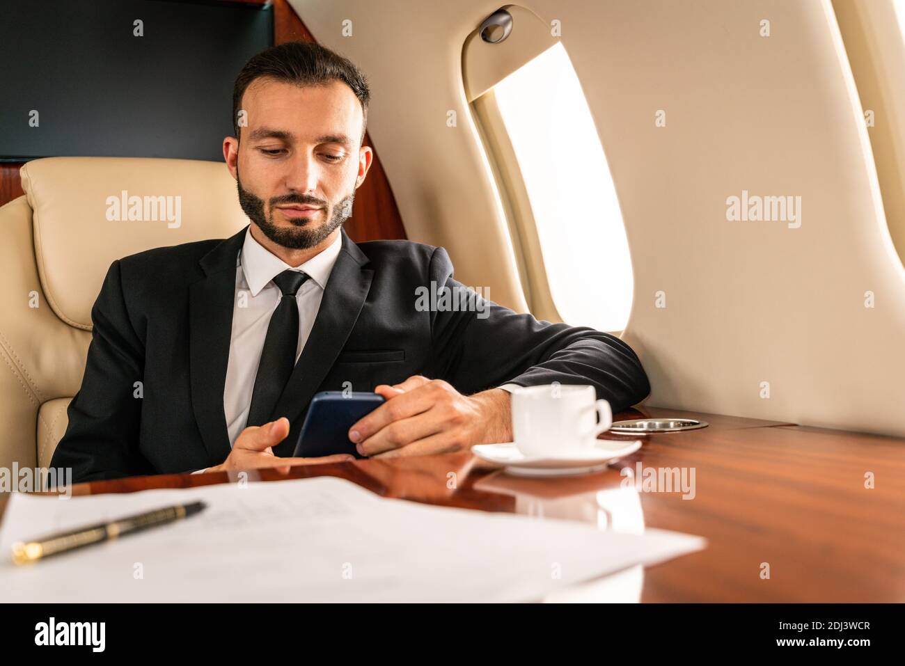 Handsome businessman wearing elegant suit flying on exclusive private ...