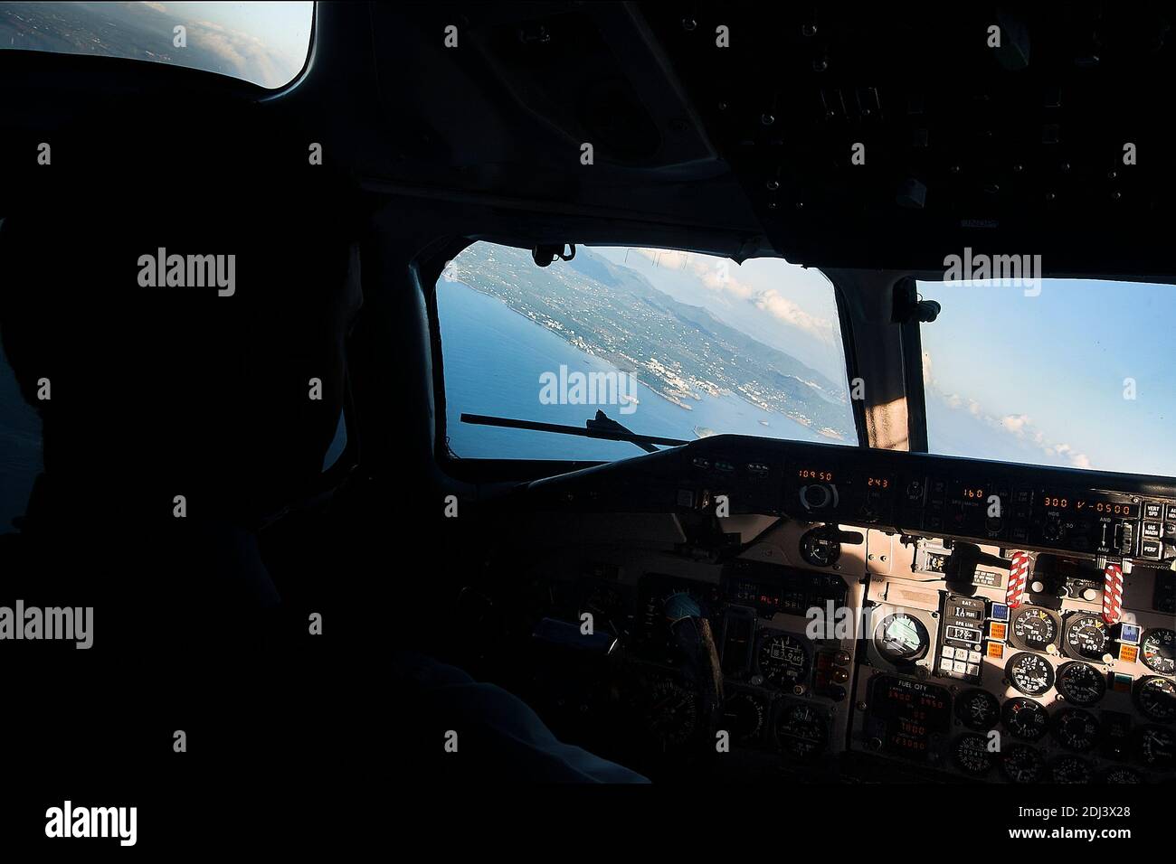 Aerial view of Ibiza Island from the aircraft cockpit, Ibiza, Spain ...