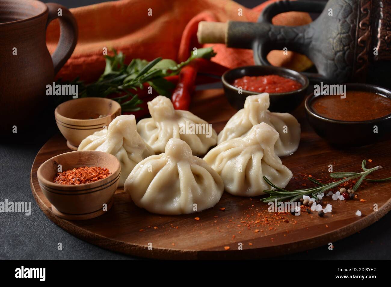 Georgian dumplings Khinkali with meat and red pepper, Traditional ...