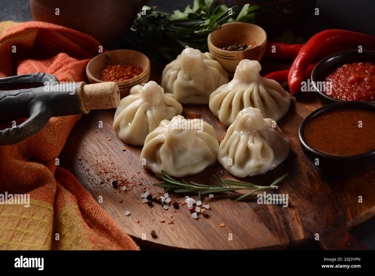 Georgian dumplings Khinkali with meat and red pepper, Traditional ...