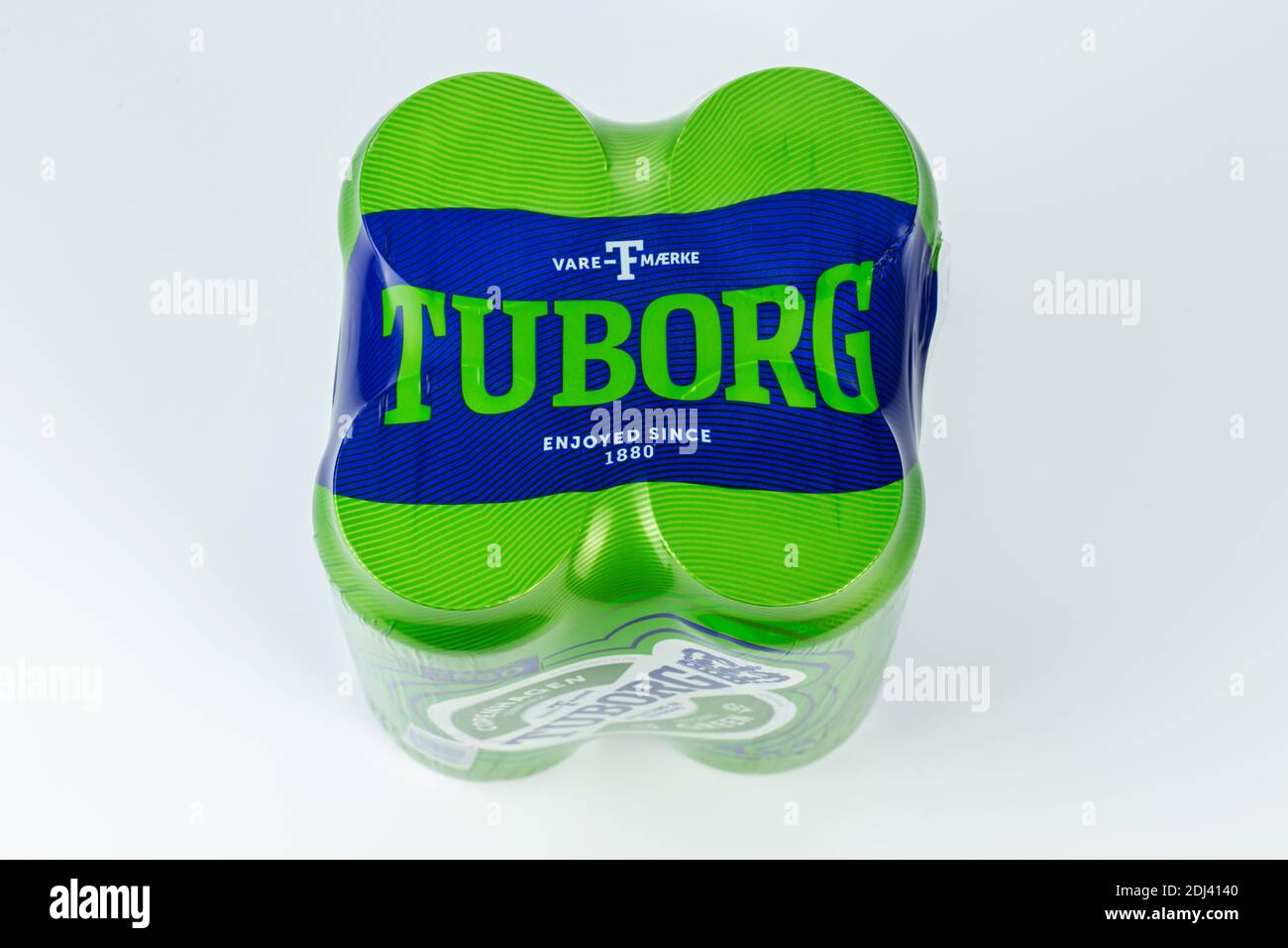 Ukraine, Kiev - October 07. 2020: Aluminium four-pack of Tuborg green ...