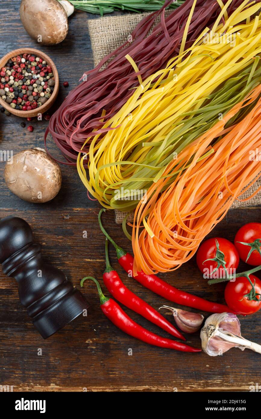 Italian multi colored pasta. Italian food concept. Ingredients for ...