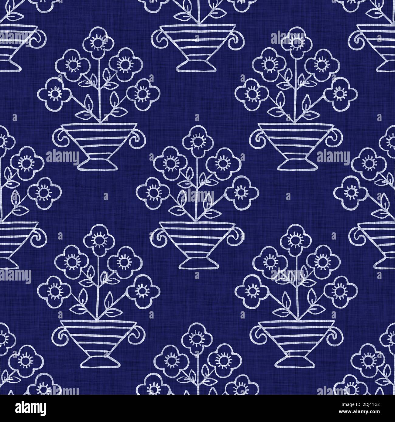Indigo blue flower block print dyed linen texture background. Seamless ...
