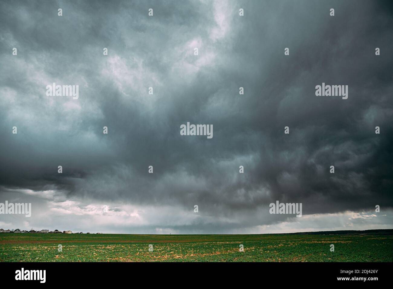 Countryside Rural Field Spring Meadow During Rain. Rain Clouds On ...
