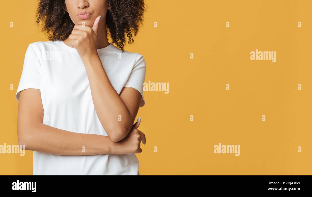 Human emotions, solution and interesting proposal. Pensive woman in ...