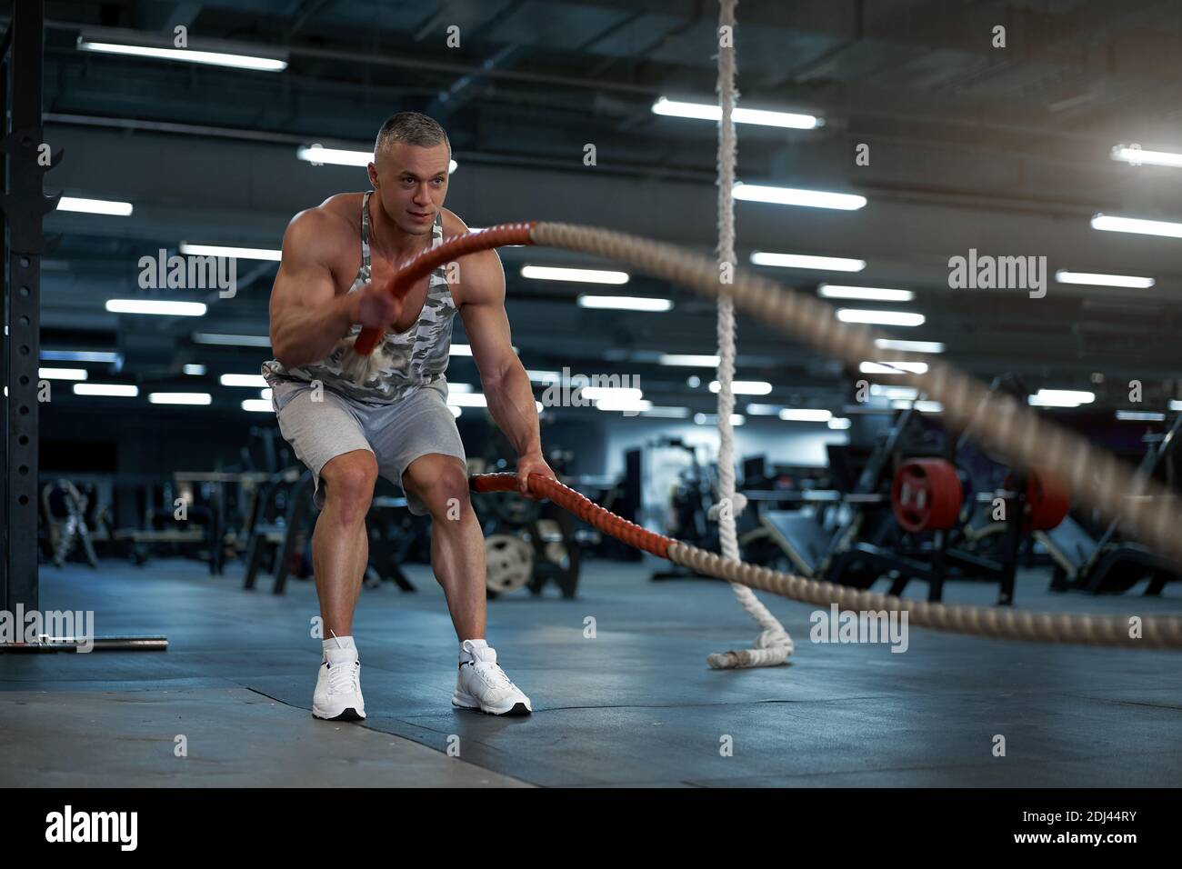 Muscular athletic bodybuilder fitness model training battle rope gym ...