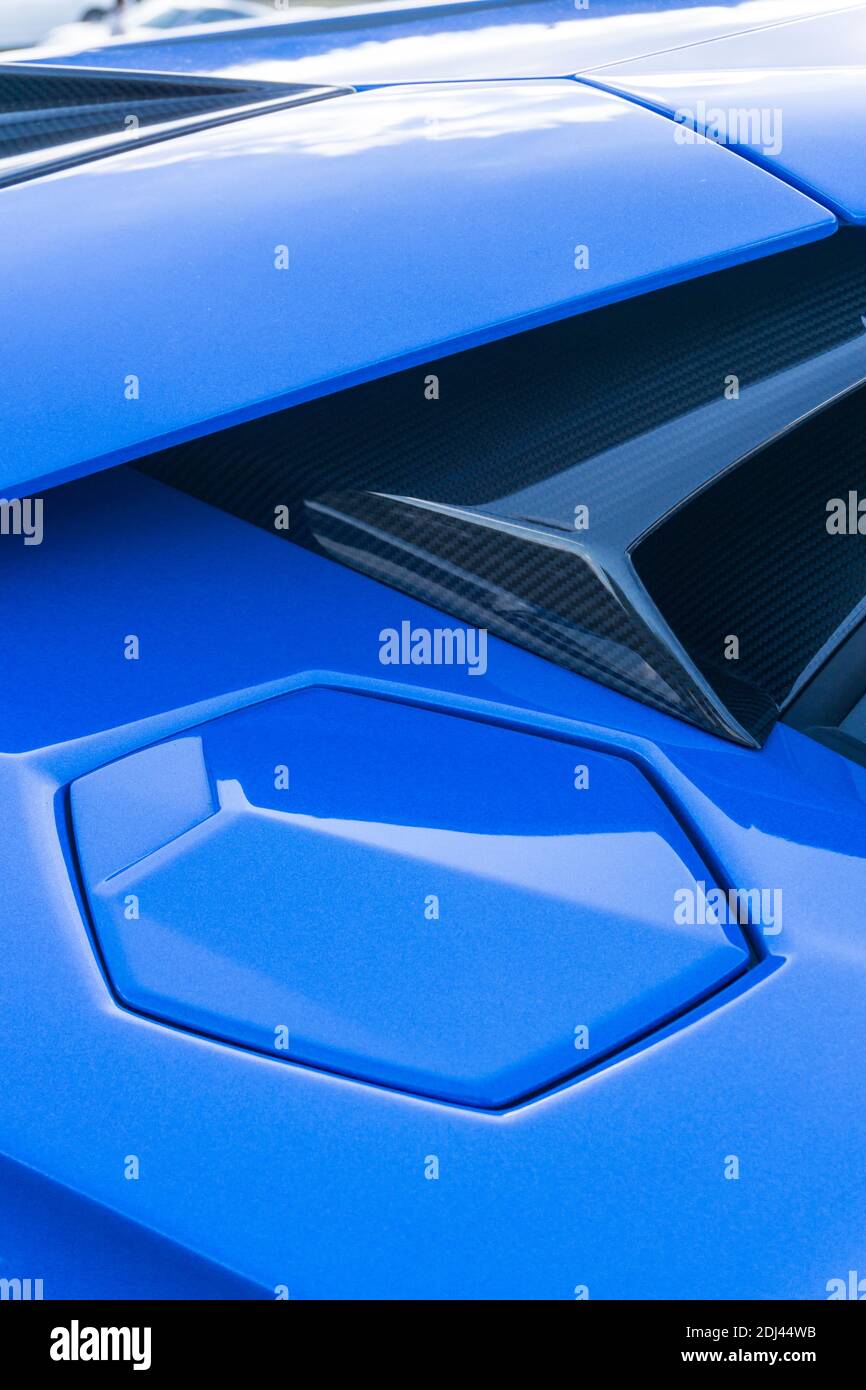 Close up detail of the fuel filler cap and body panels on a blu le mans ...