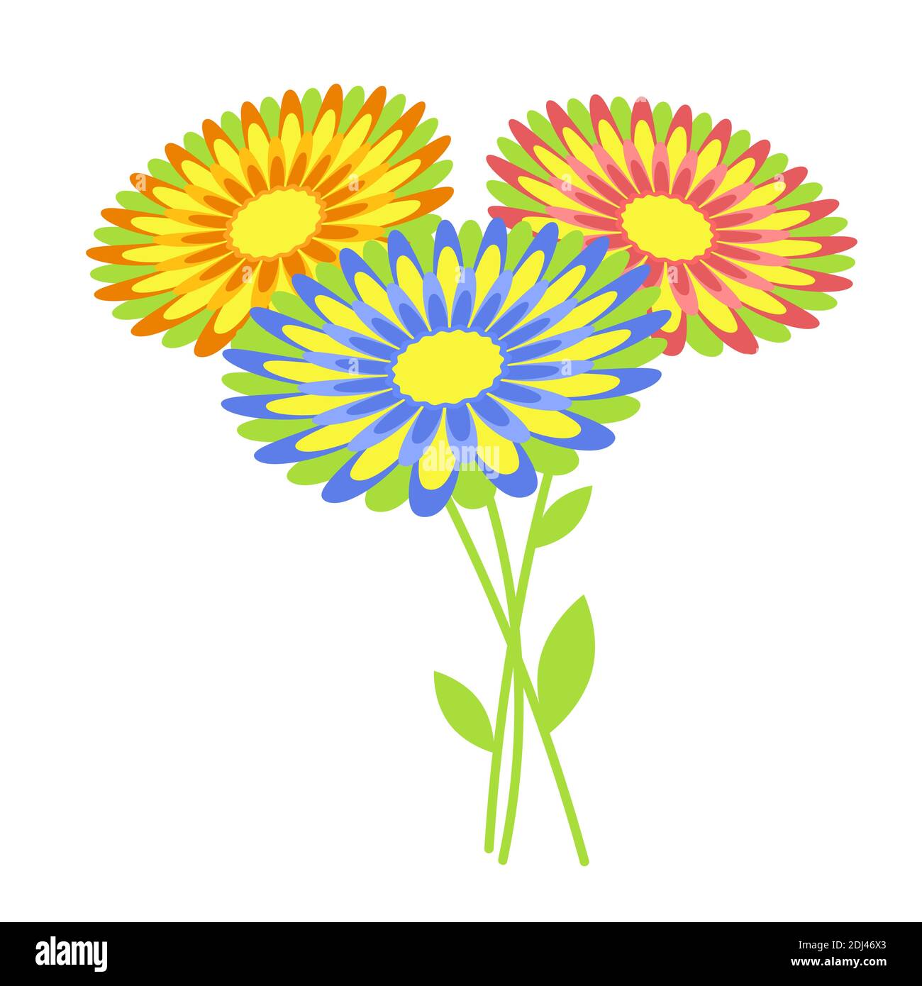 Set of flat isolated abstract color flowers in a bouquet on a white ...