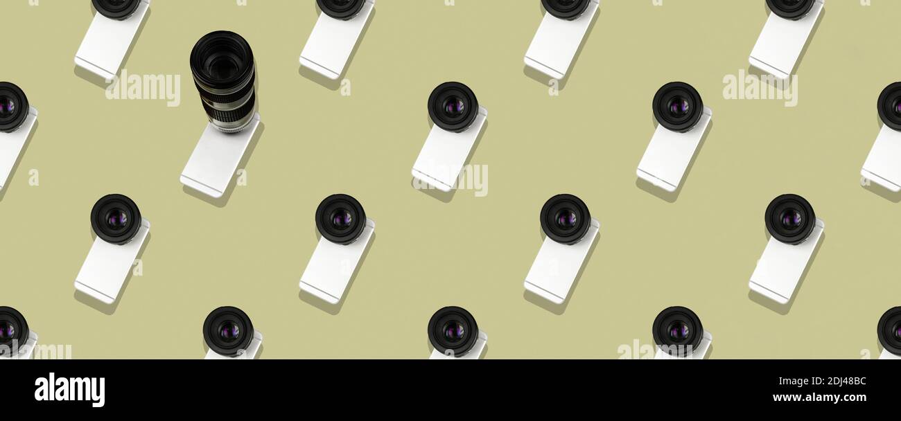 Seamless flat pattern, smartphone with a big camera from a DSLR ...