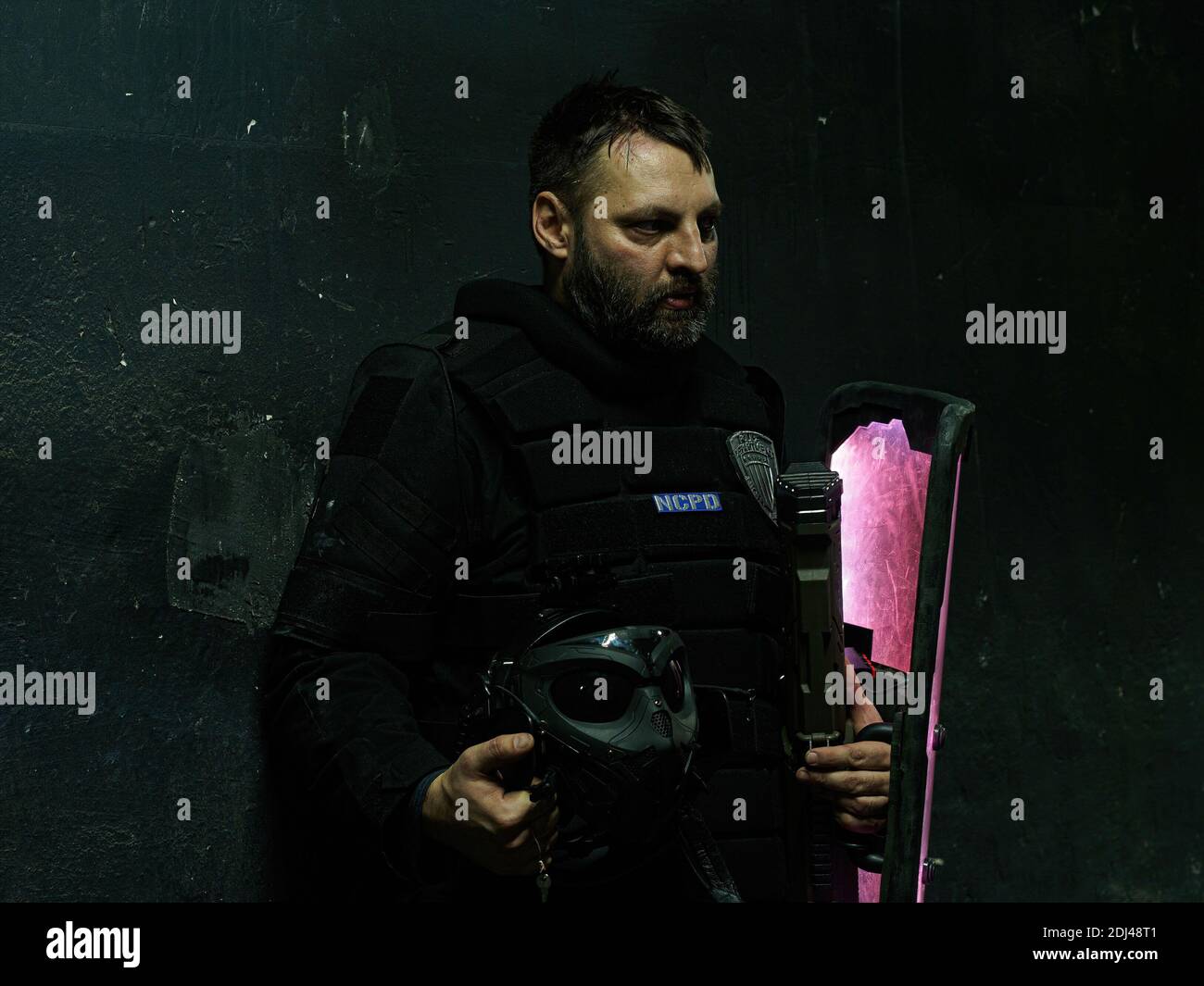 A cosplayer dressed as a brutal cop at the Cyberpunk Festival.Russian ...