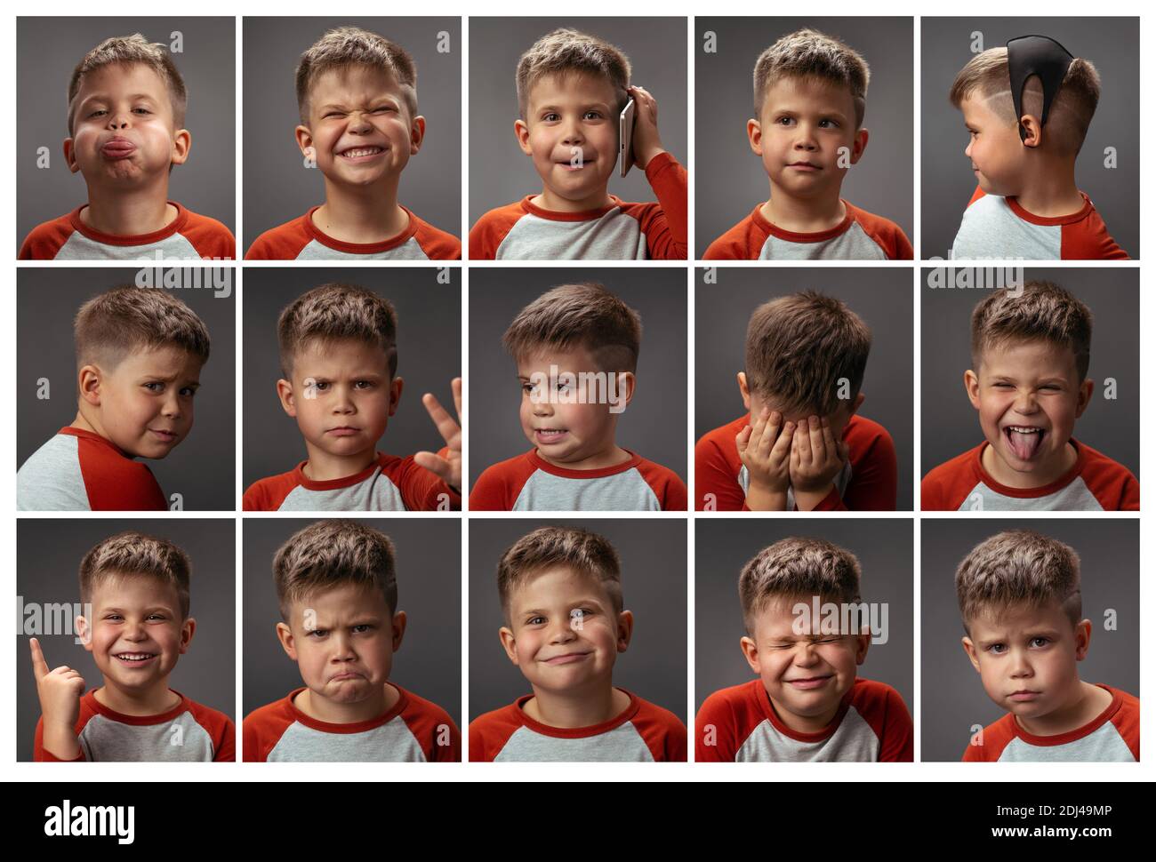 Cute boy, set of different emotions, collage on white background ...