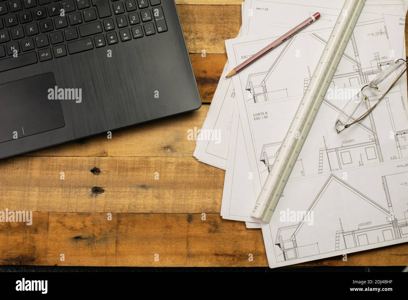 Work plan , drawing elements and notebook on rustic wooden table Stock ...
