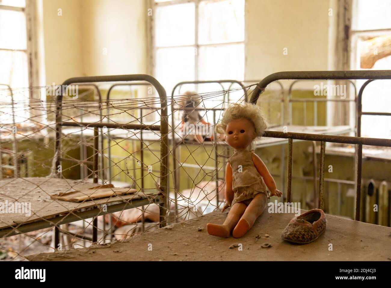 Scary dolls on a bed in the kindergarten, a structure for children, a ...