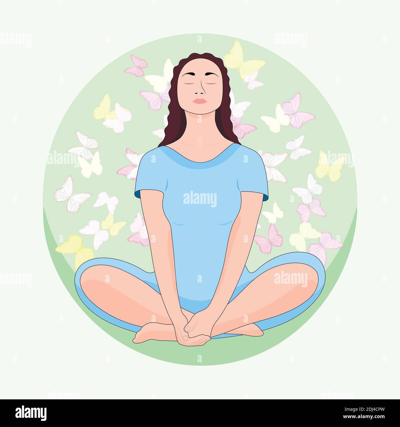 Woman meditating in nature and leaves. Concept illustration for yoga ...