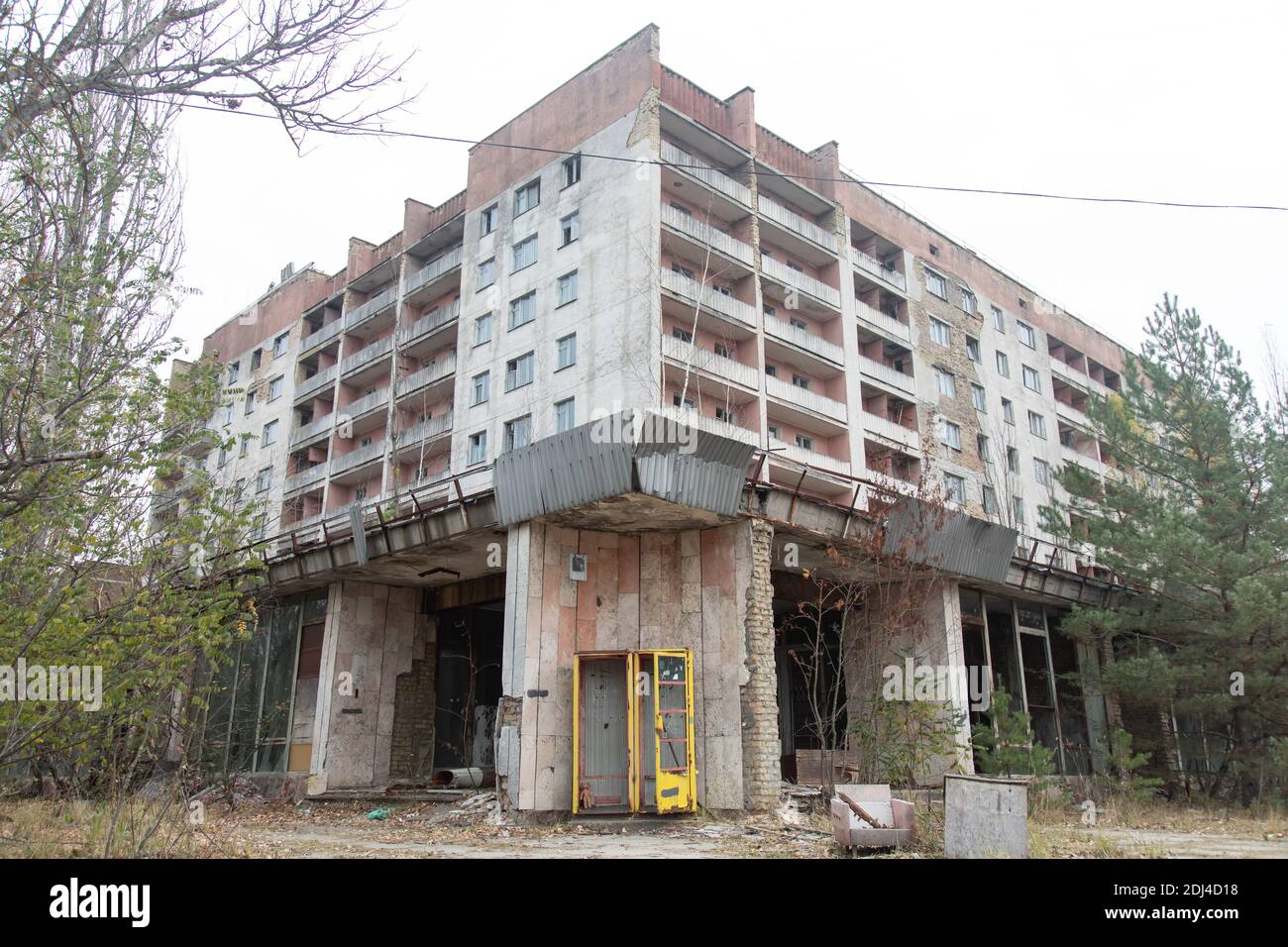 Pripyat, Ukraine - November 3, 2019: A building in the centre of ...