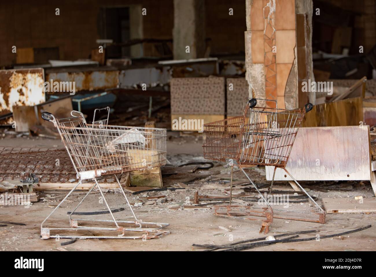 Shopping carts in the abandoned market in the centre of Pripyat, the ...