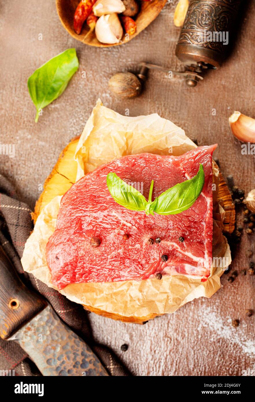 raw meat with salt and aroma spice Stock Photo - Alamy