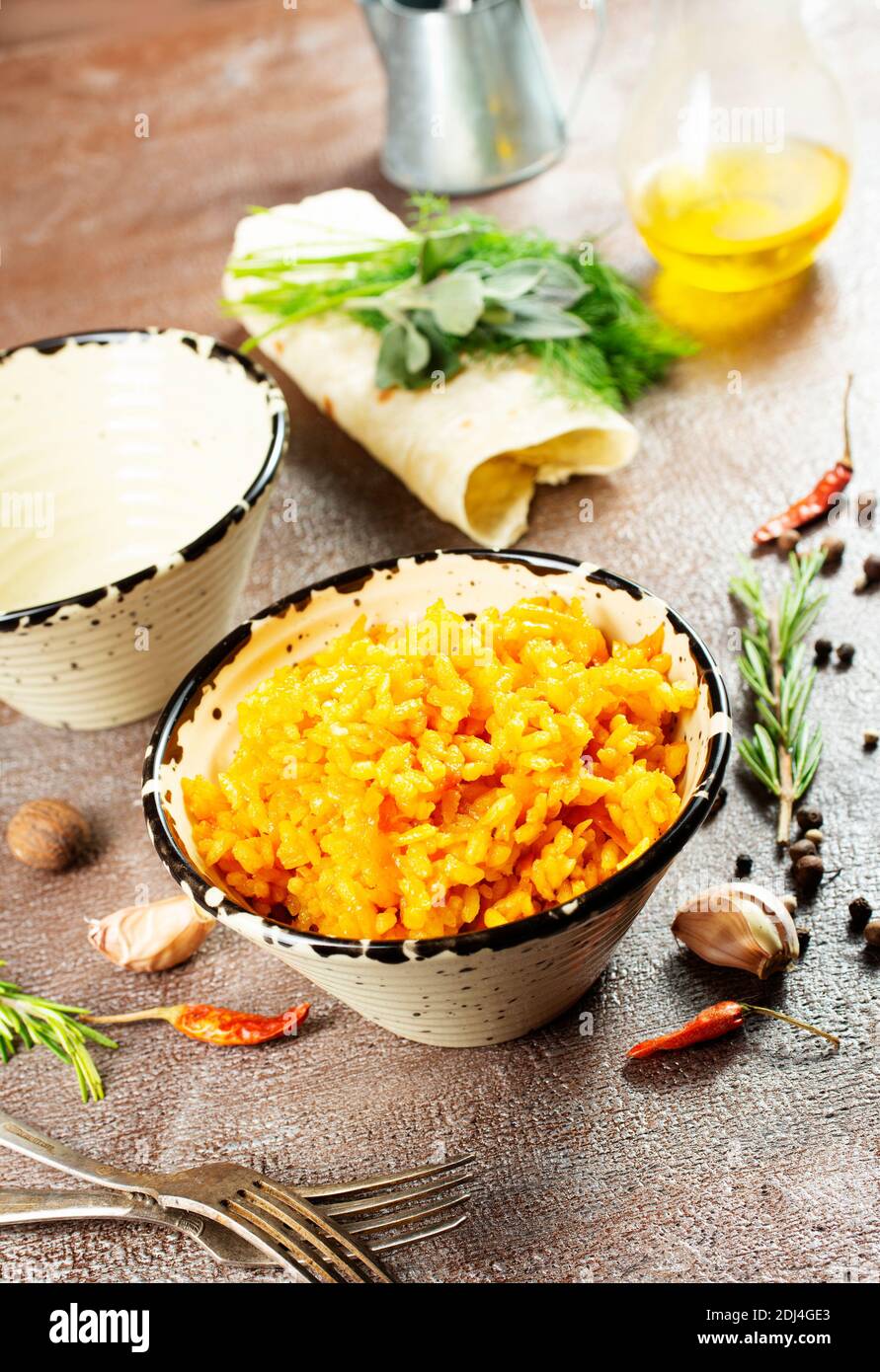 bowl with boiled organic basmati vegetable rice Stock Photo - Alamy