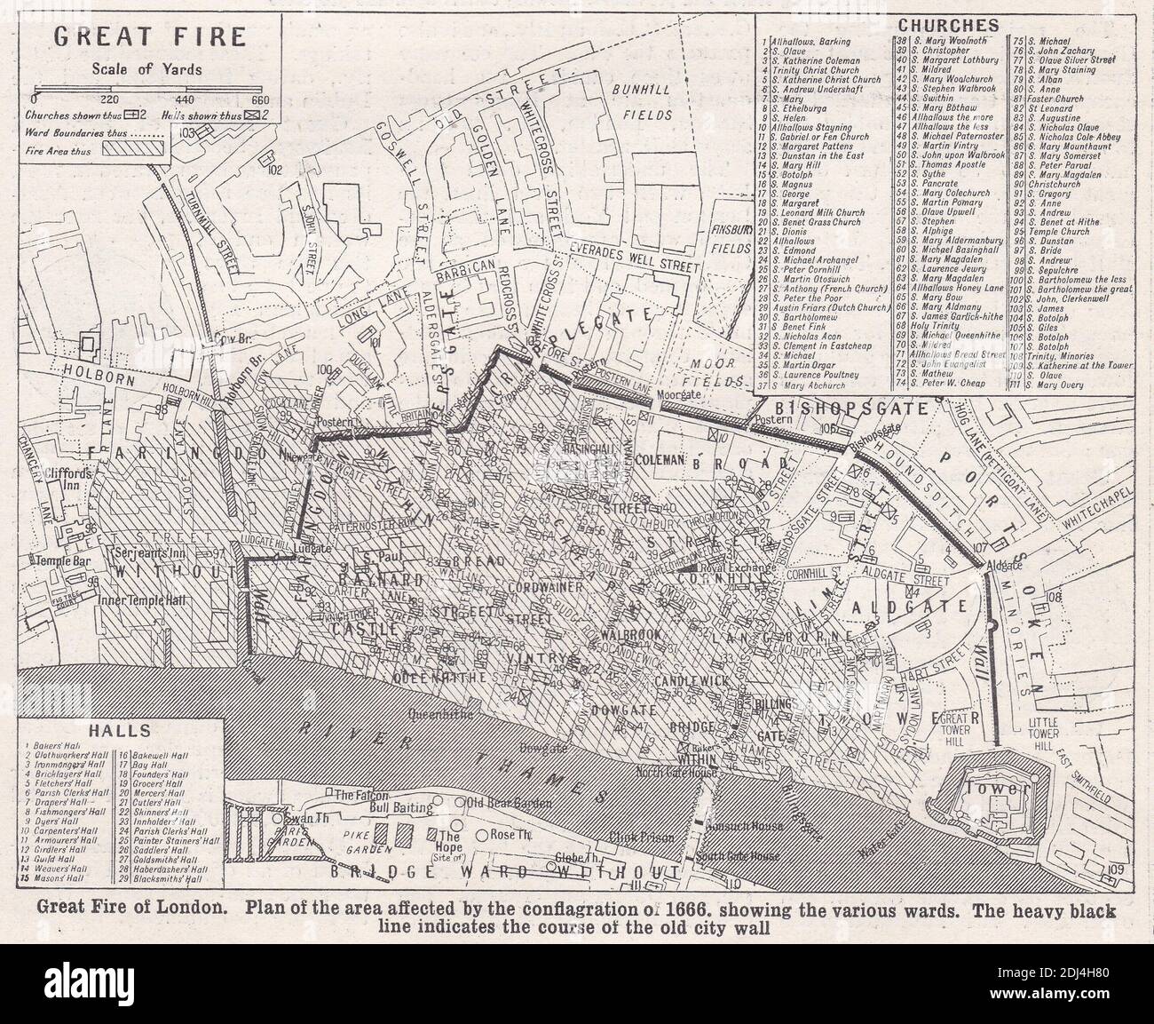 Vintage map / plan of the the area affected by the Great Fire of London ...