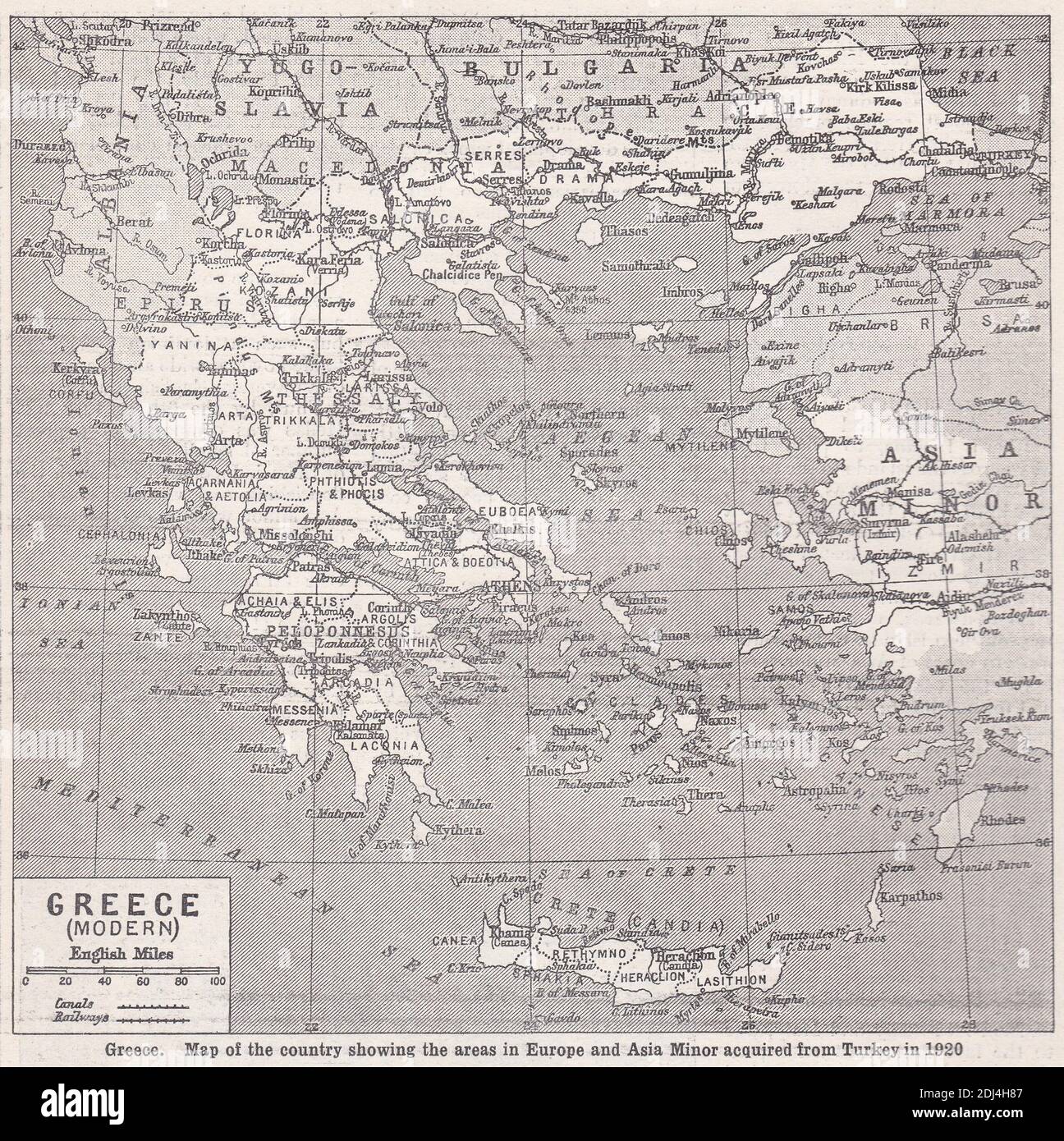Vintage map of Greece (Modern) showing the areas in Europe and Asia ...