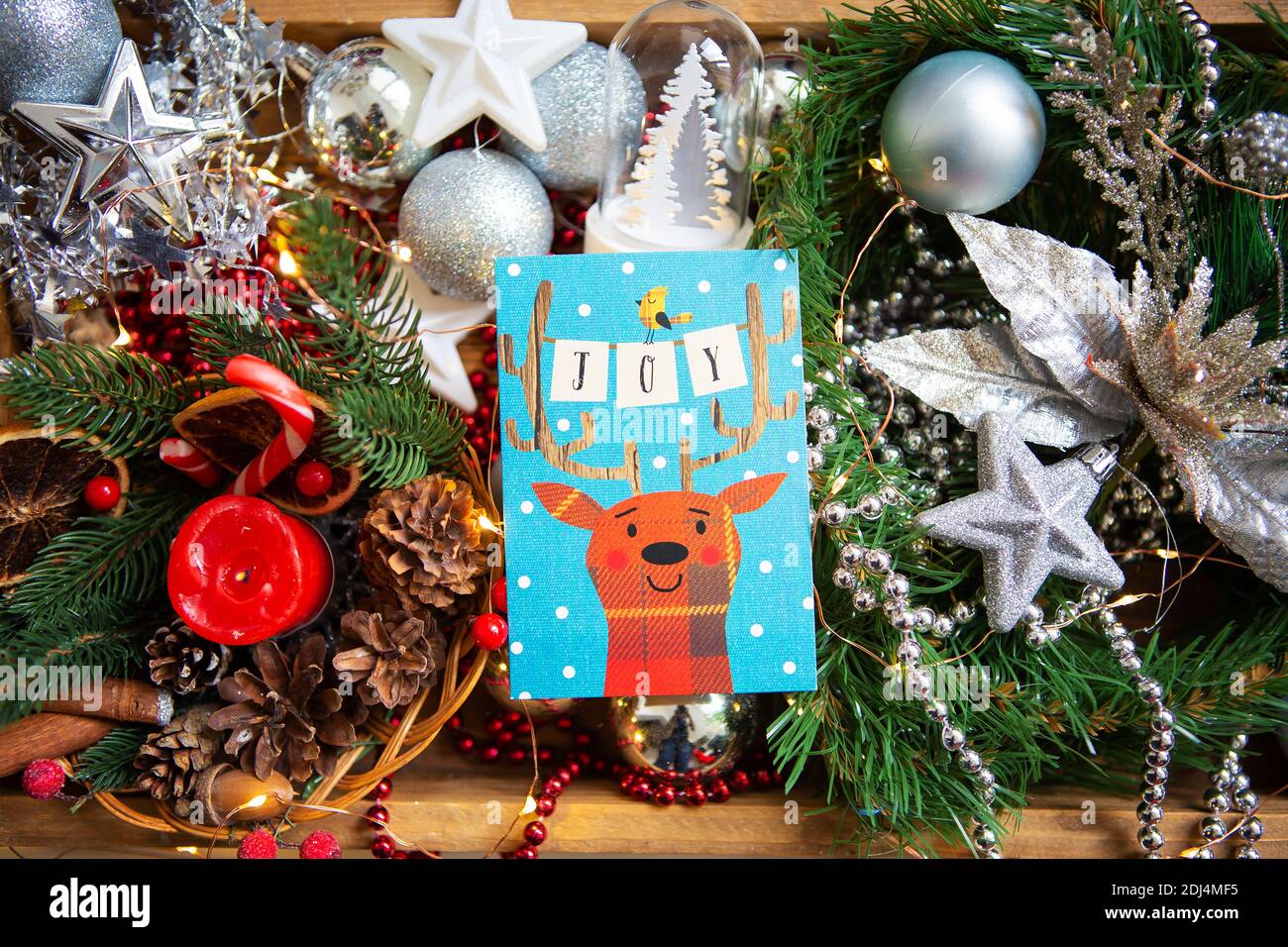 Christmas background. Beautiful card with a deer - joy inscription ...