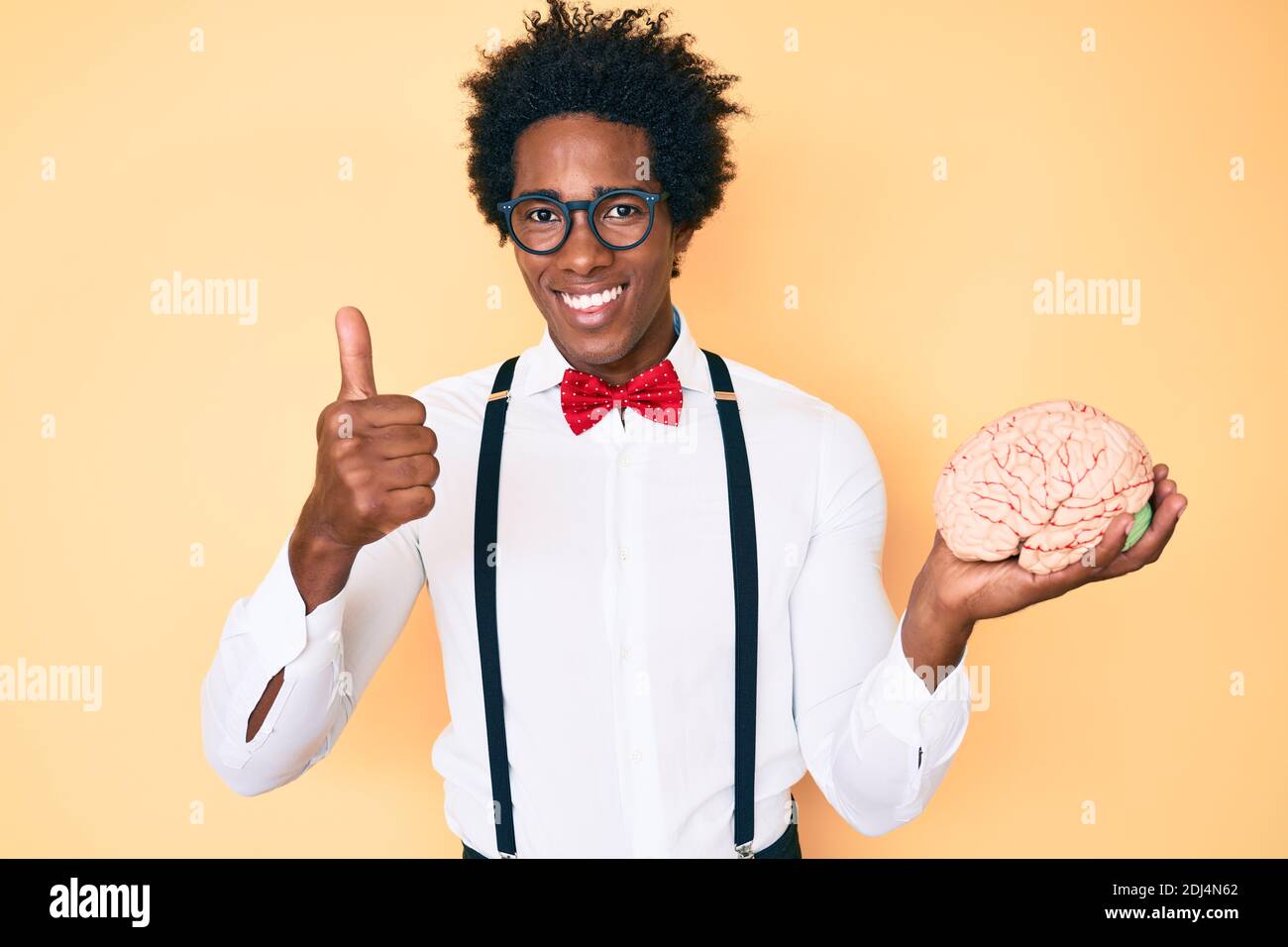 Handsome african american nerd man with afro hair holding brain smiling ...