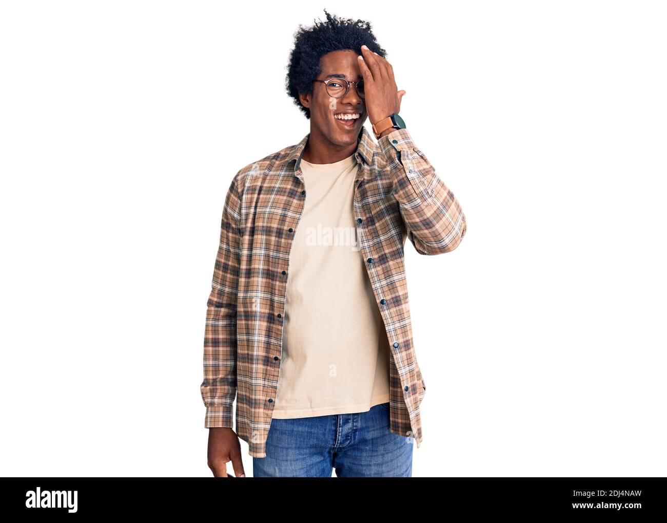Handsome african american man with afro hair wearing casual clothes and ...