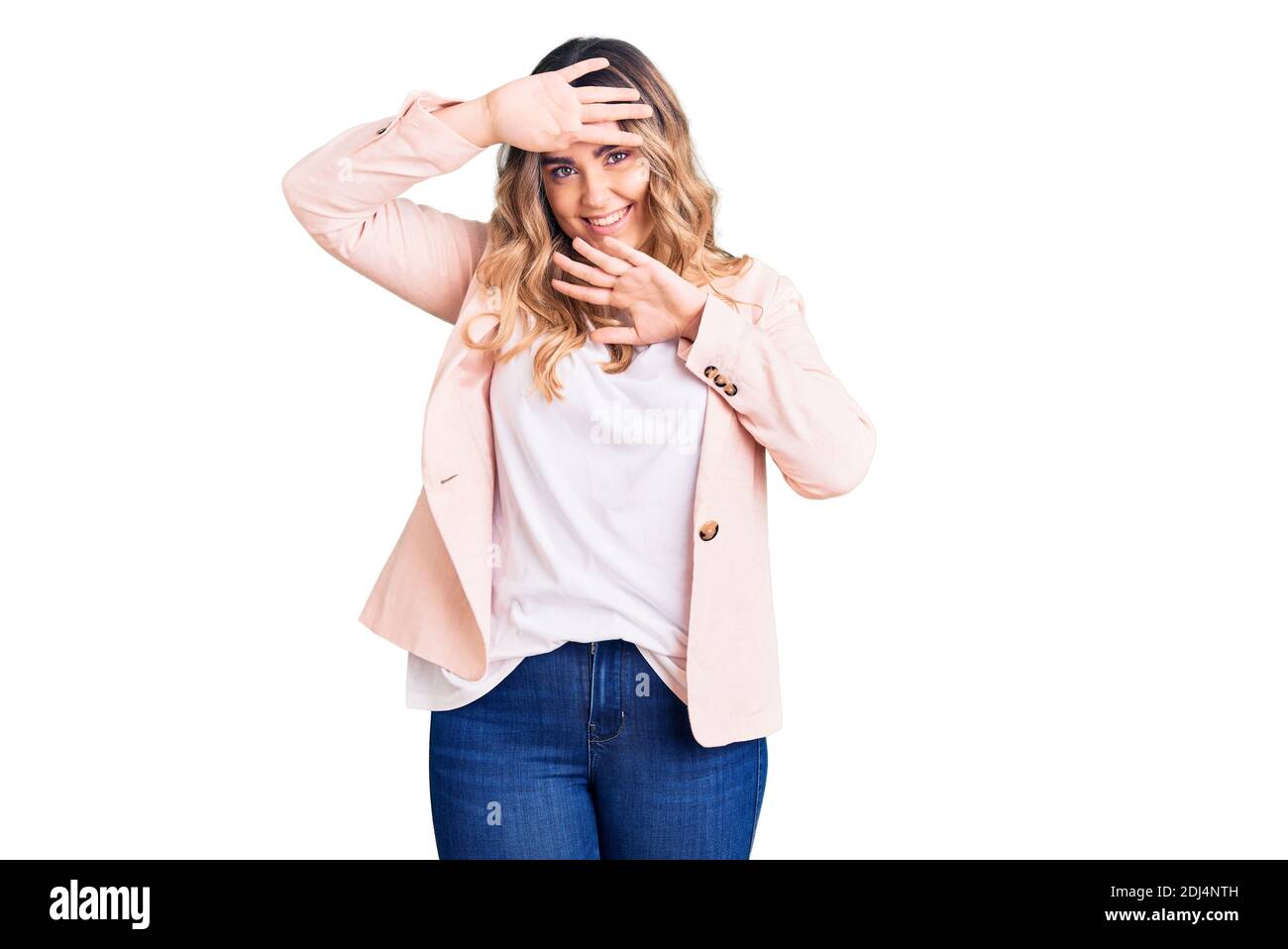 Young caucasian woman wearing business clothes smiling cheerful playing ...