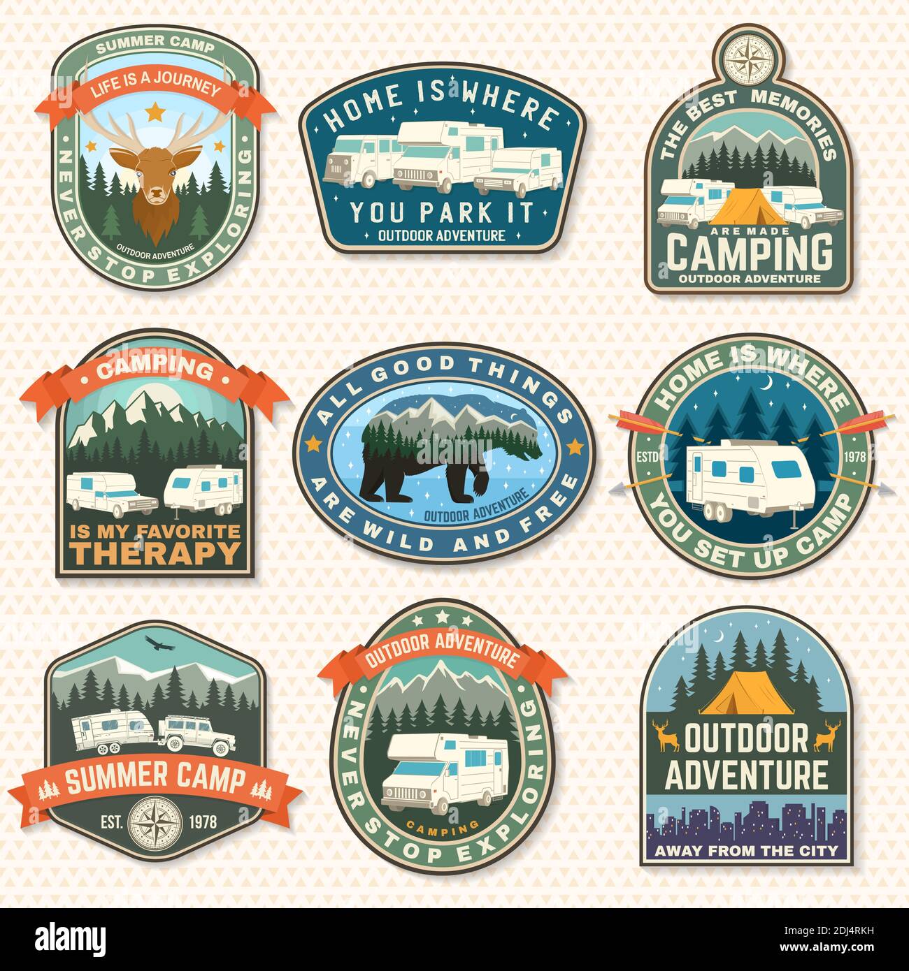 Set of rv camping badges, patches, camping quote. Vector. Concept for ...