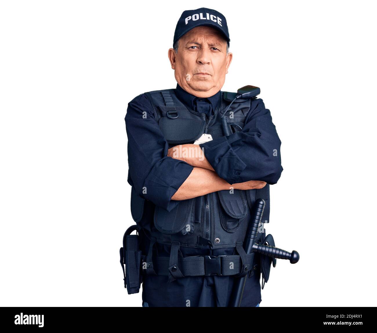 Senior handsome man wearing police uniform skeptic and nervous ...