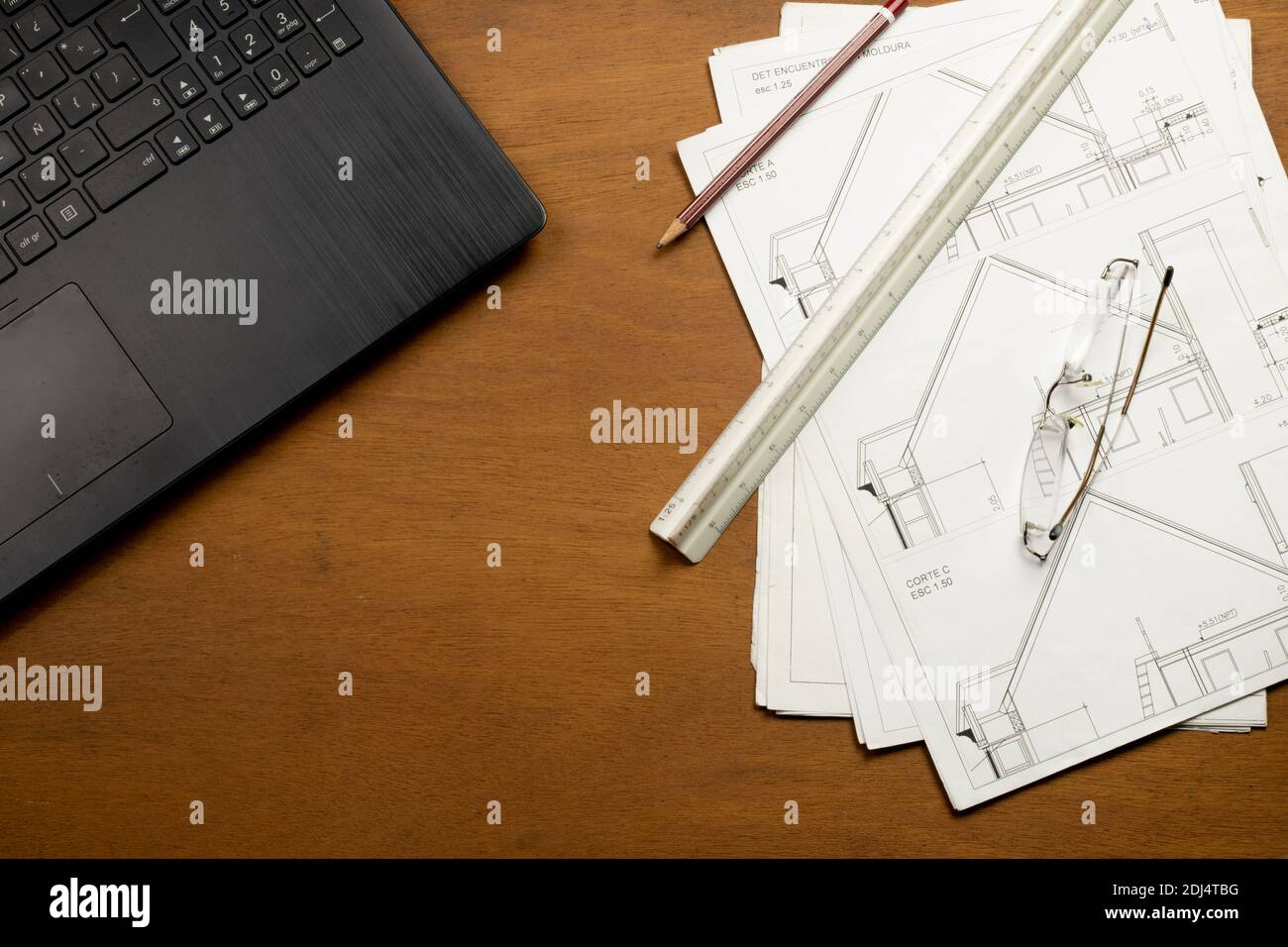 Construction plan, drawing elements and notebook on wooden table Stock ...